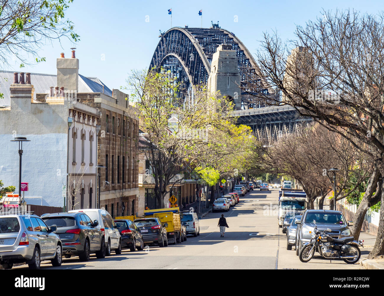 Person walking on Lower Fort Street in Millers Point, Sydney Harboiur ...