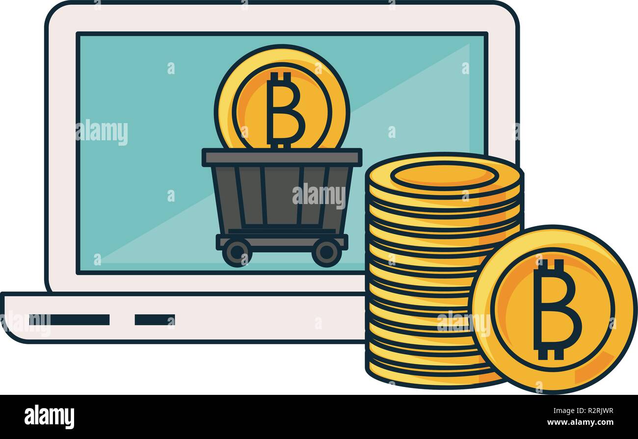 Bitcoin mining from laptop with coins vector illustration graphic ...