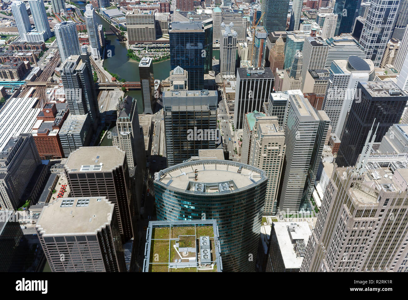 Aerial view of the city of Chicago showing the densely packed buildings ...