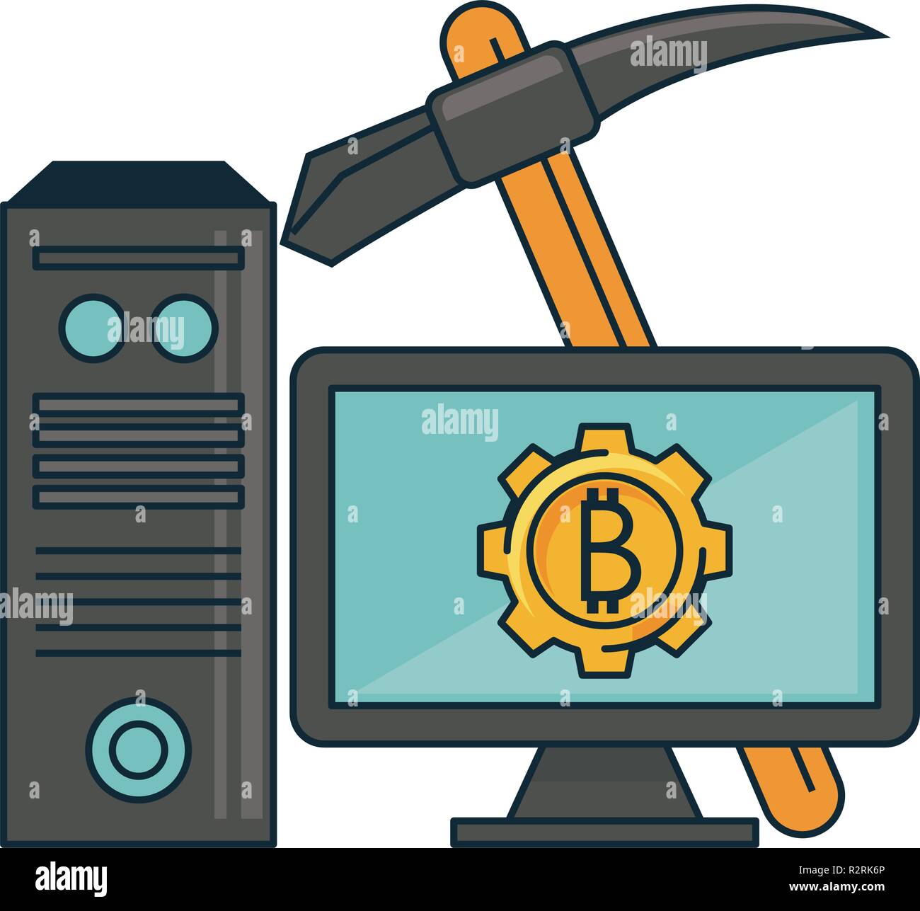 Bitcoin mining from computer and pick tool vector illustration graphic ...