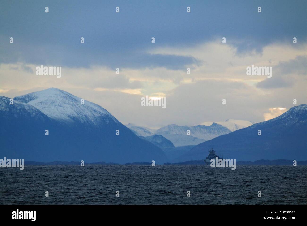 Norwegian frigate HNoMS Otto Sverdrup sails in the Molde Fjord as part ...