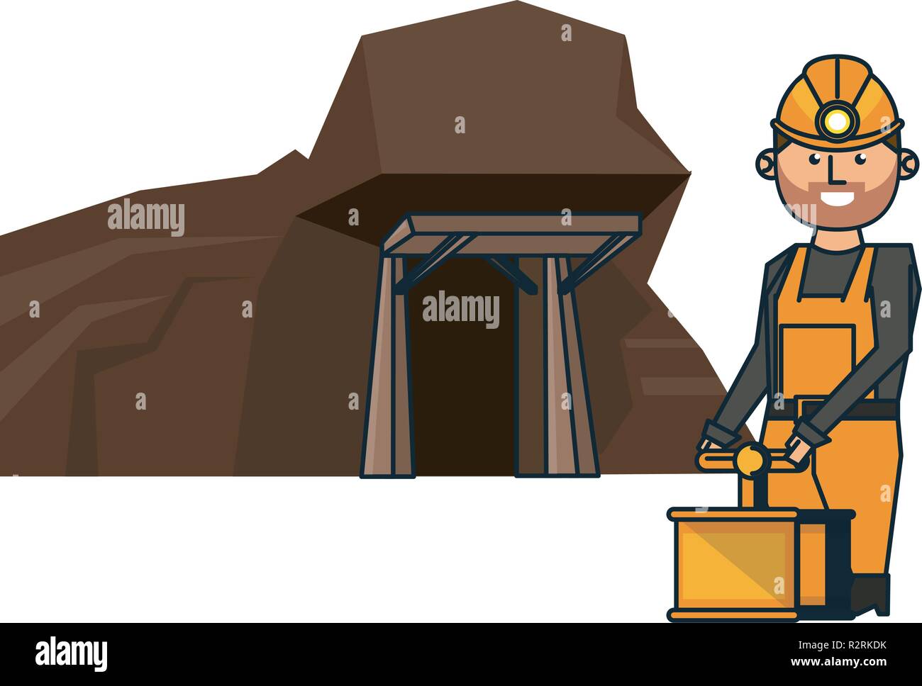 Mining cave and worker with detonator vector illustration graphic ...