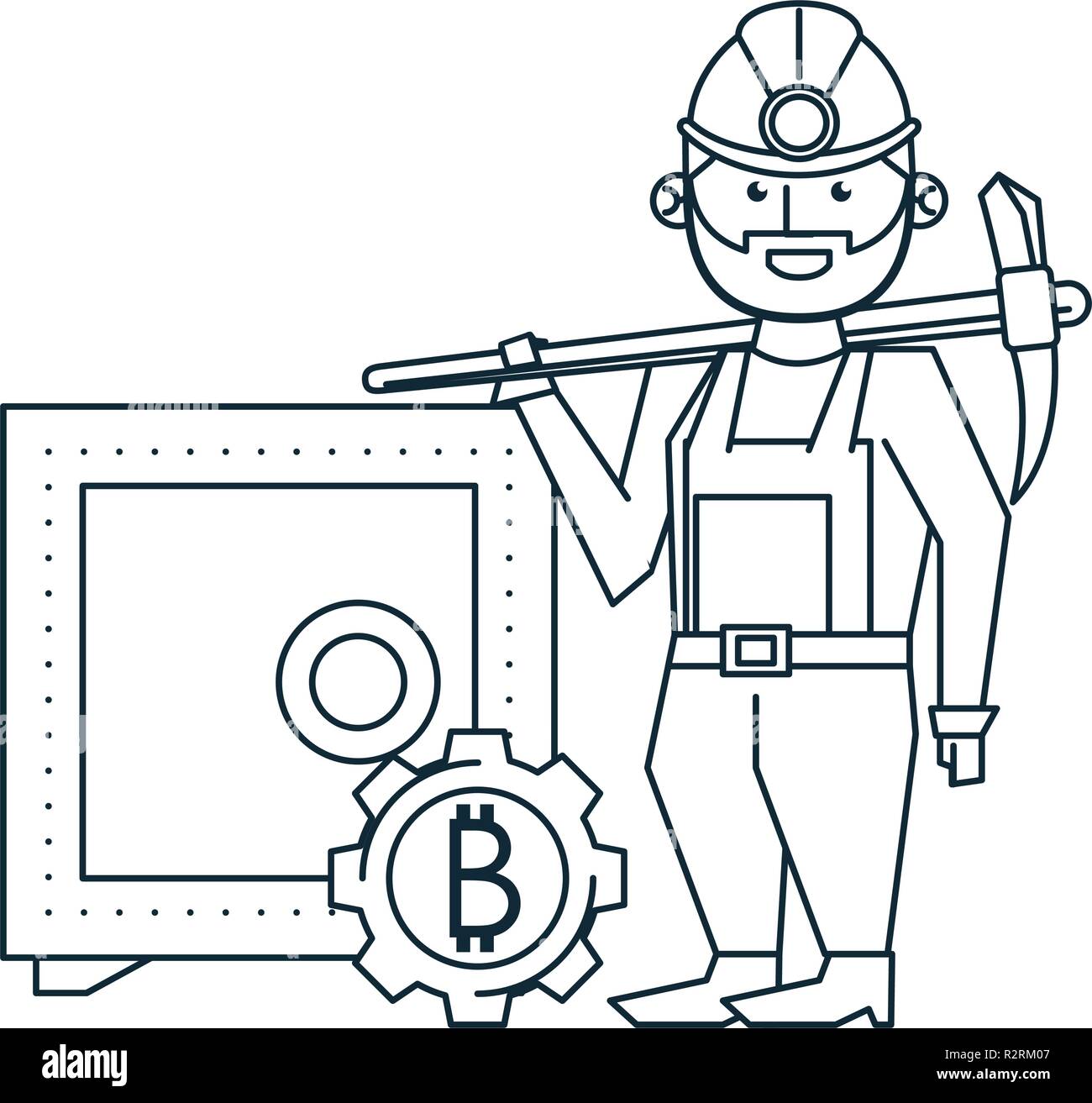Bitcoin mining strongbox and worker with pick vector illustration ...