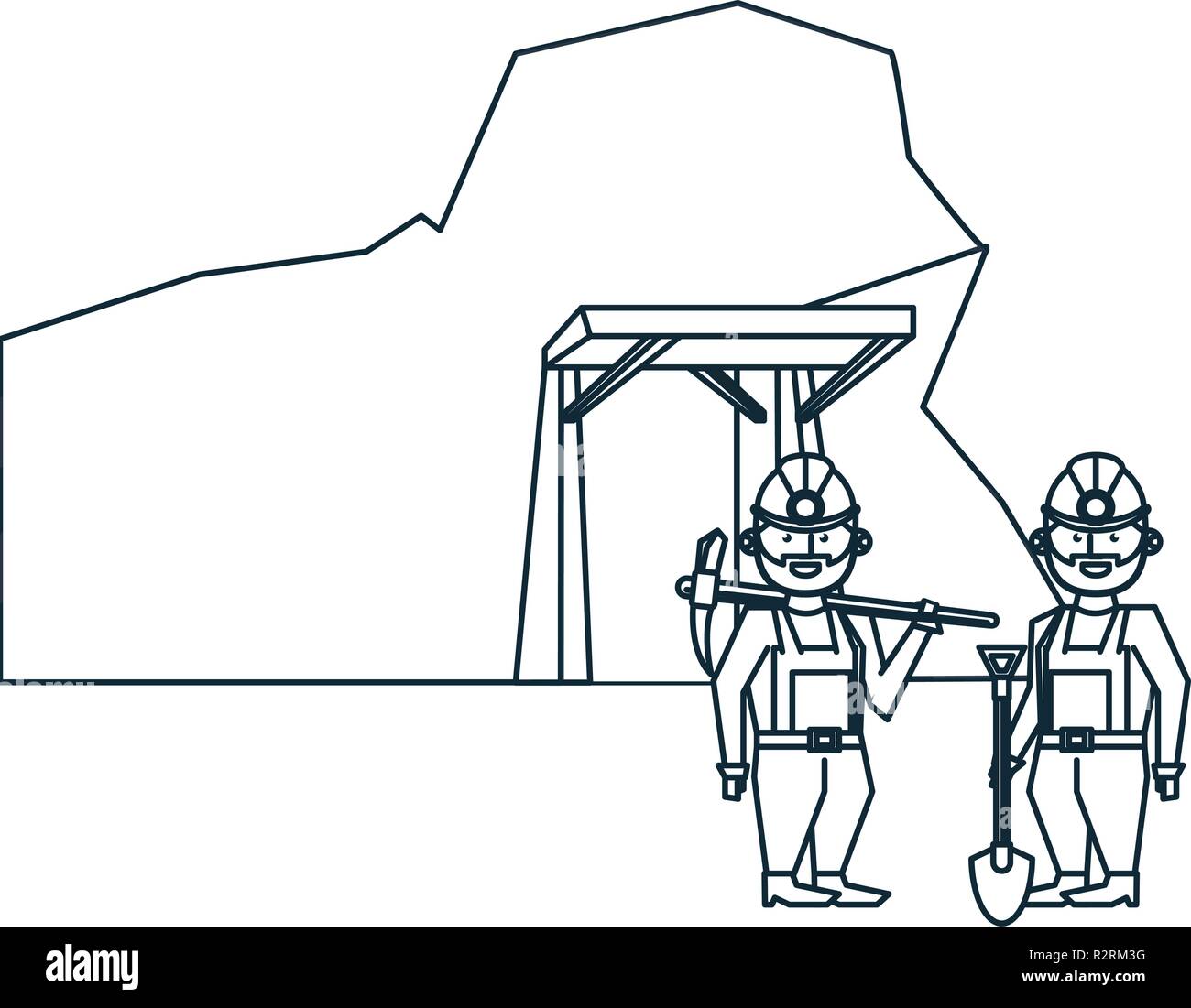 Mining cave and workers with tools in black and white vector ...