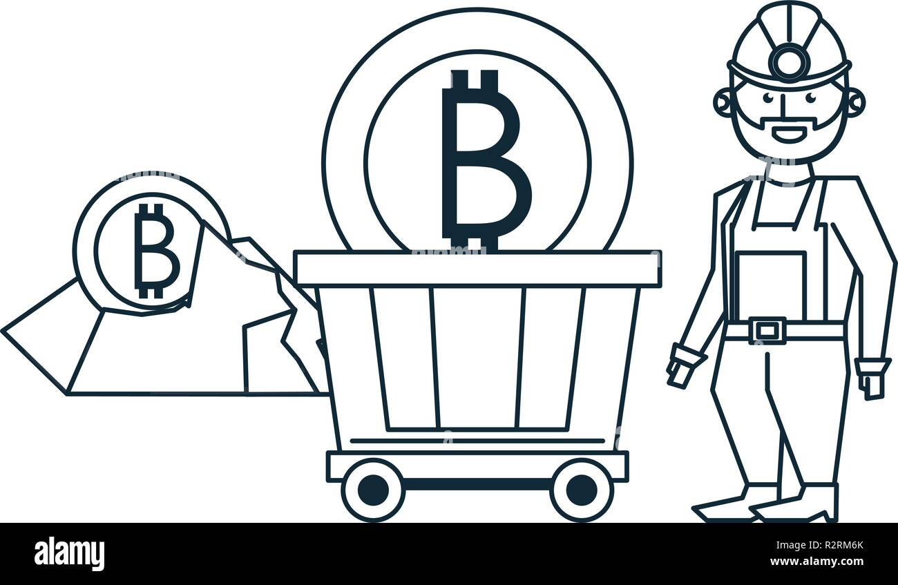 Mining bitcoin and worker with shovel and wagon in black and white ...