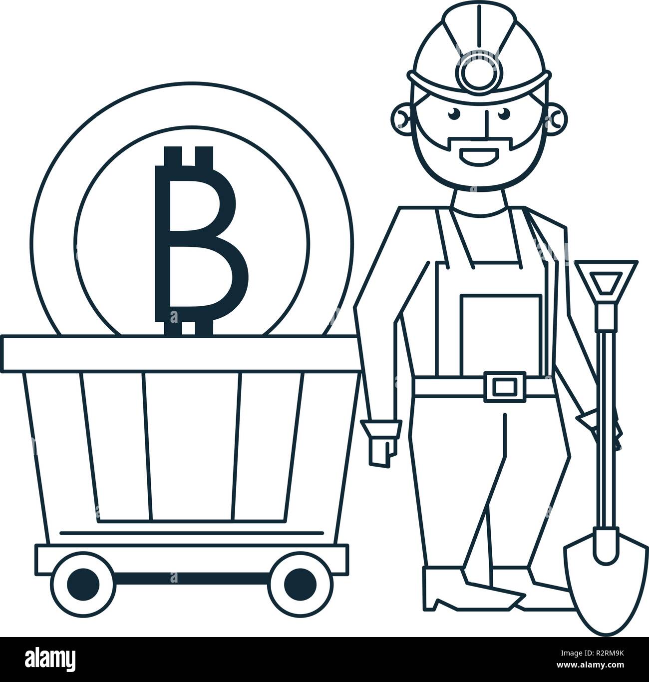 Mining bitcoin and worker with shovel and wagon in black and white ...