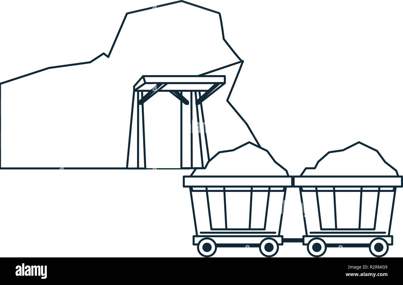 Mining cave and wagon carts in black and white vector illustration ...