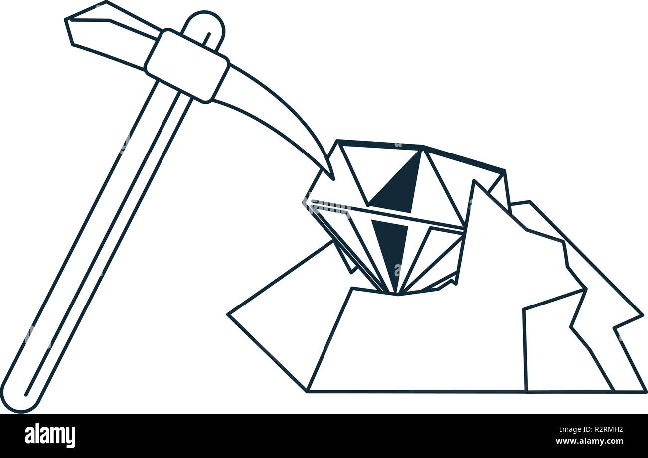 Diamond mining and pick in black and white vector illustration graphic ...