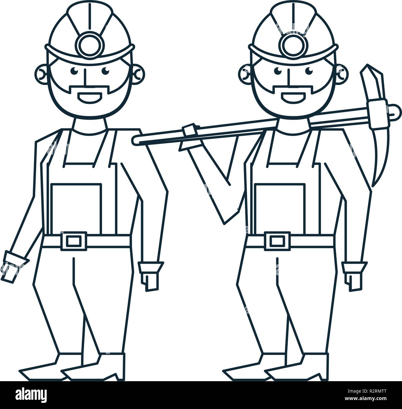 Mining workers with helmets and picks in black and white vector ...