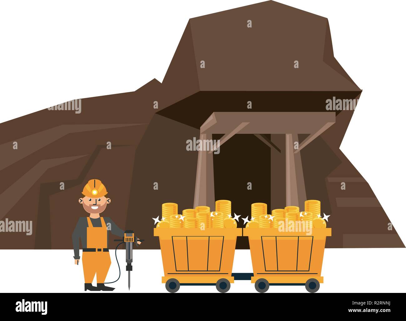 Mining cave and worker with wagon carts vector illustration graphic ...