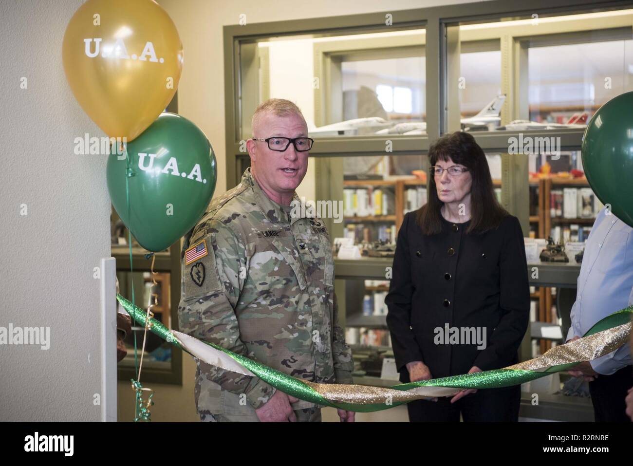 U.S. Army Col. Adam Lange, 673d Air Base Wing vice commander, gives a speech during a ribbon ...