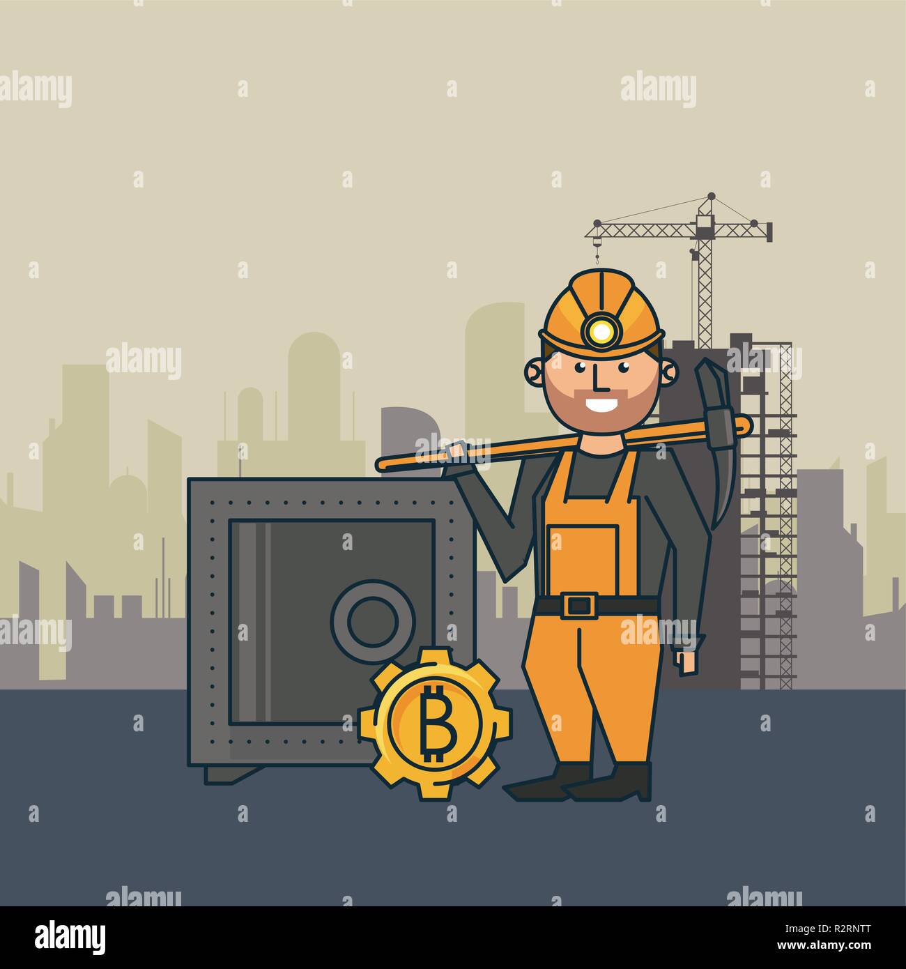 Bitcoin mining strongbox and worker with pick over construction zone ...