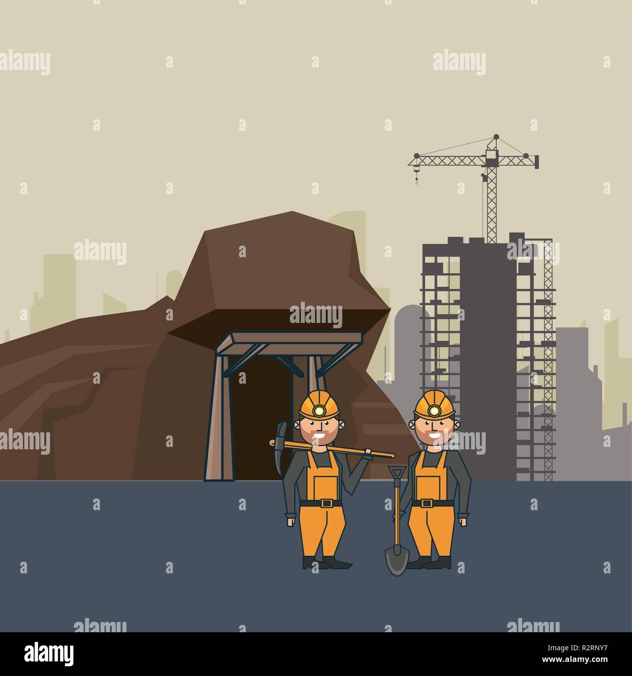 Mining cave and workers with tools over construction zone vector ...
