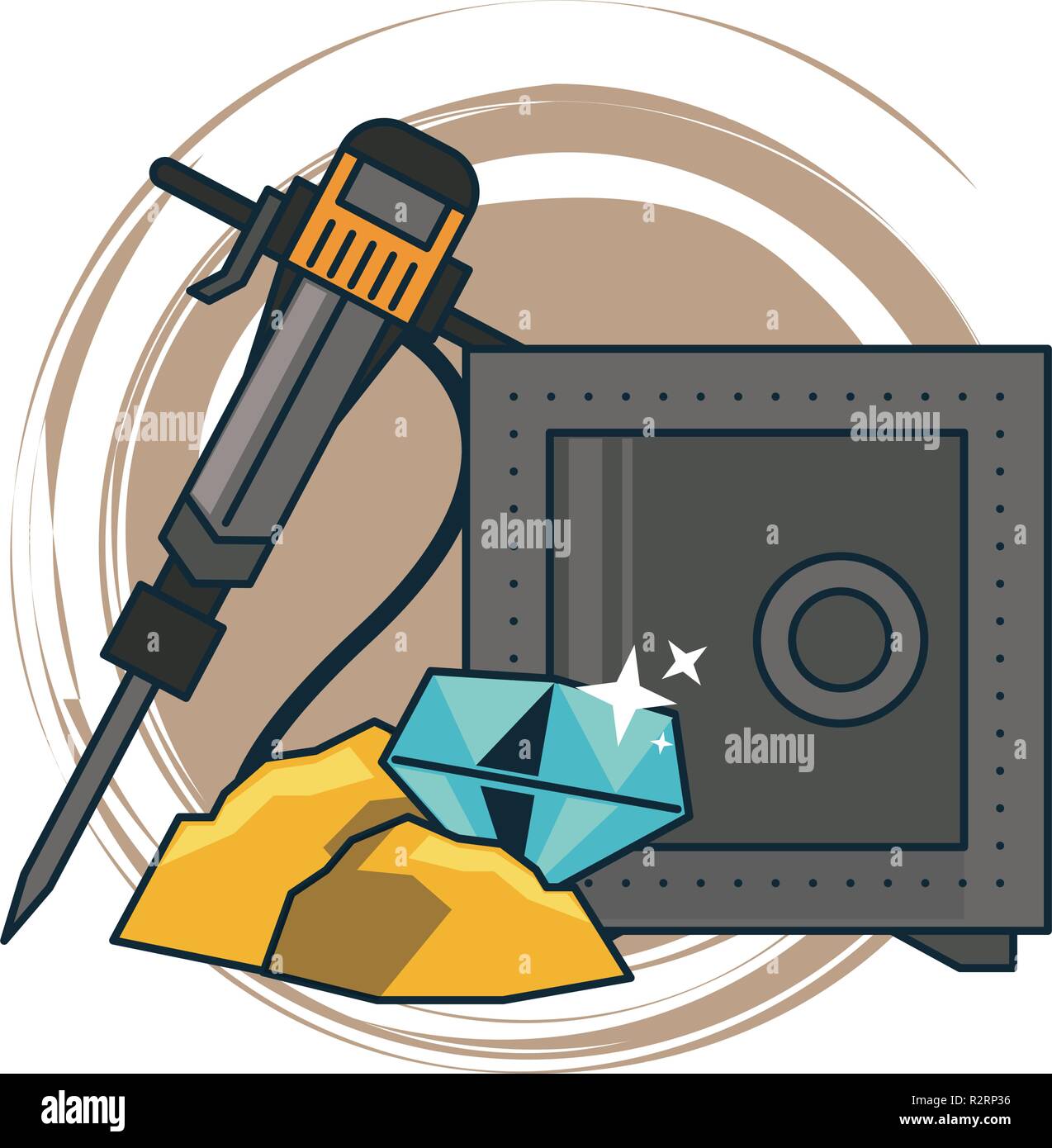 Diamond mining with strongbox and drill over round icon vector ...