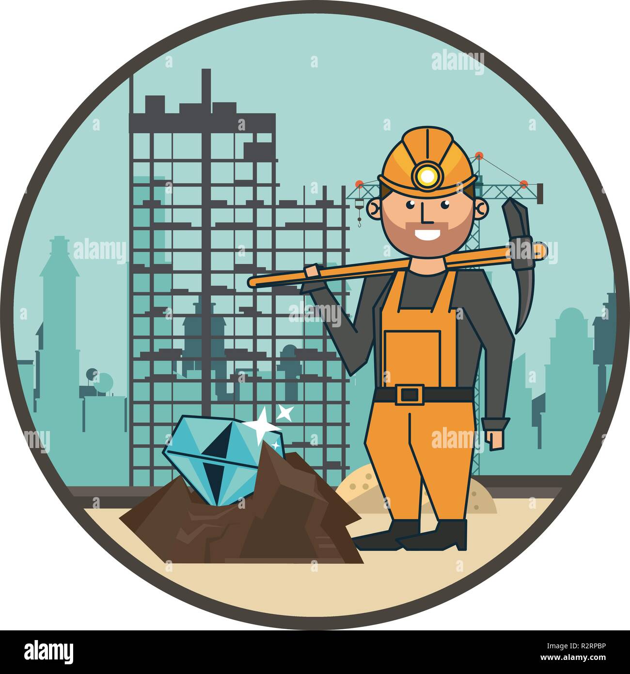 Diamond mining and worker with pick over construction zone round icon ...