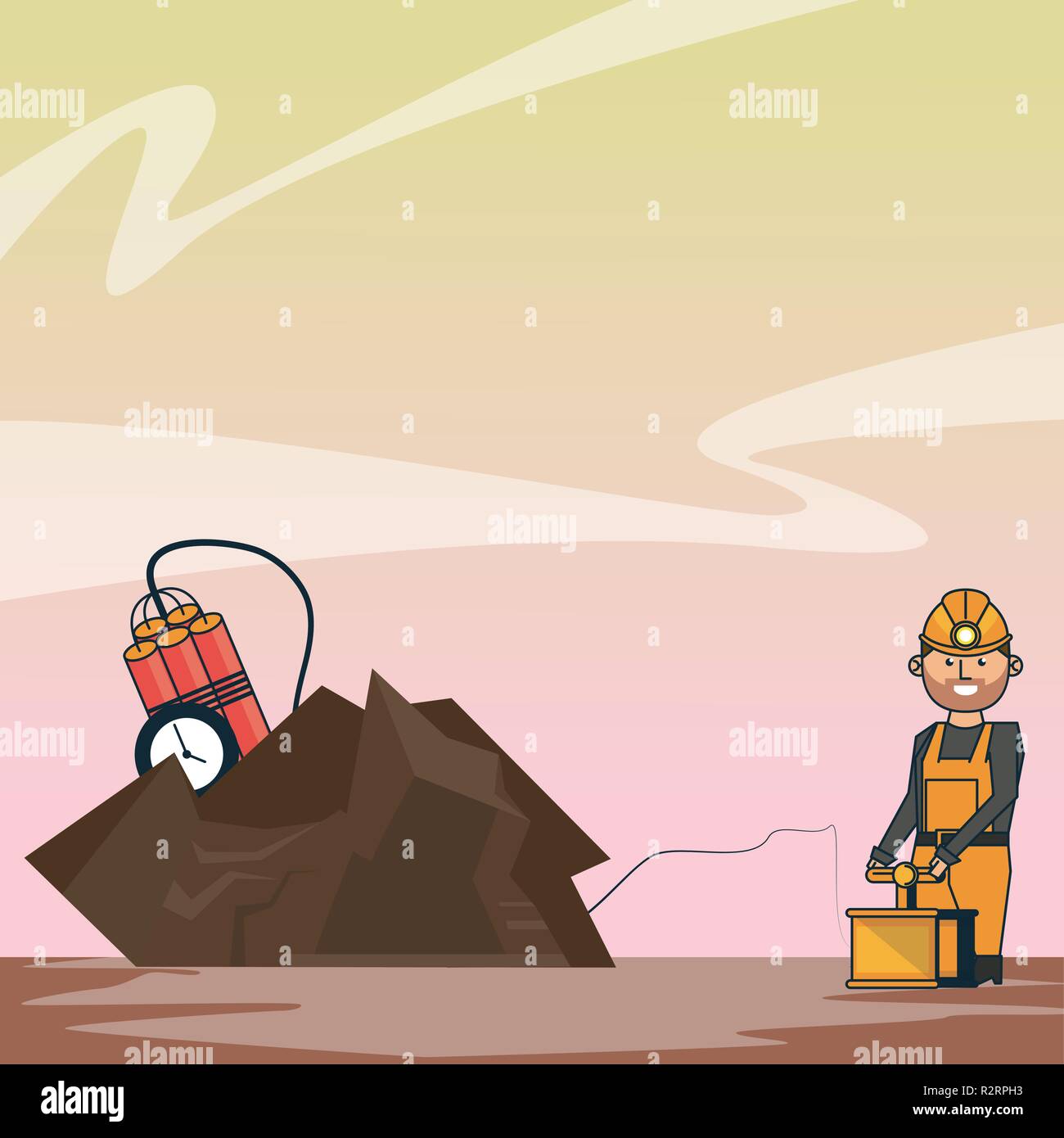Mining with tnt and worker with detonator at mine vector illustration ...
