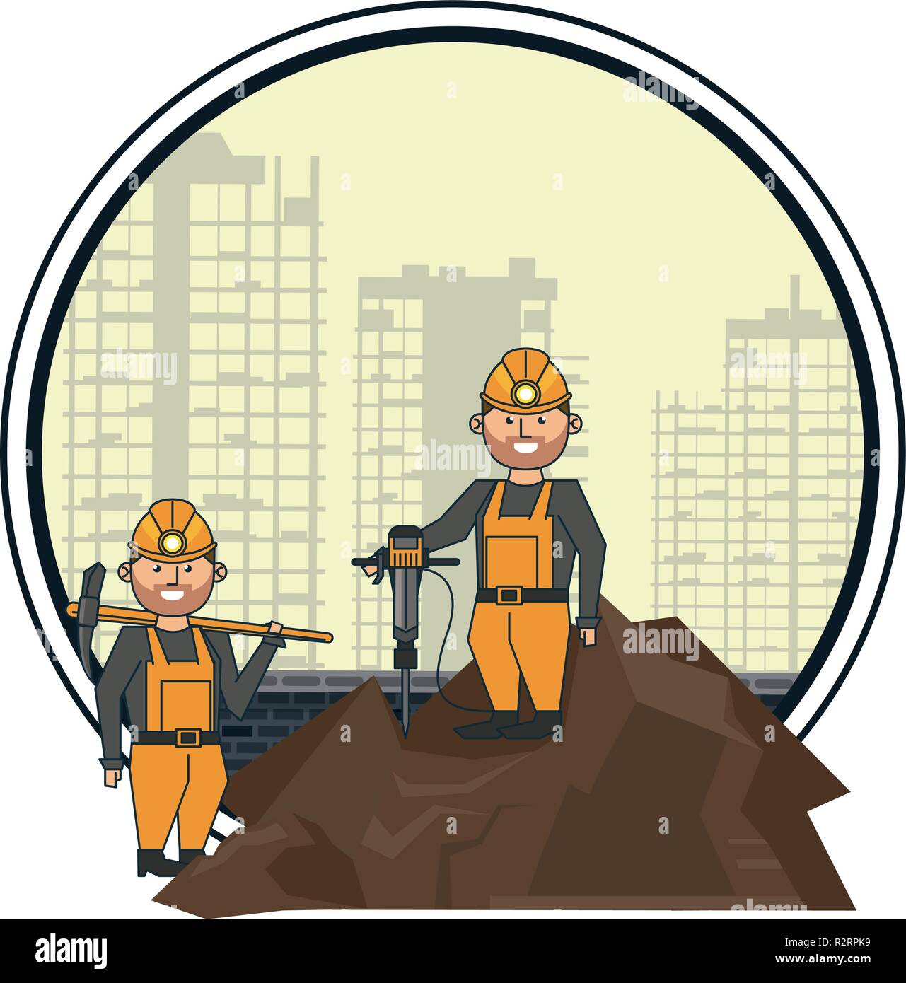 Mining workers with drill and pick over cityscape round icon vector ...