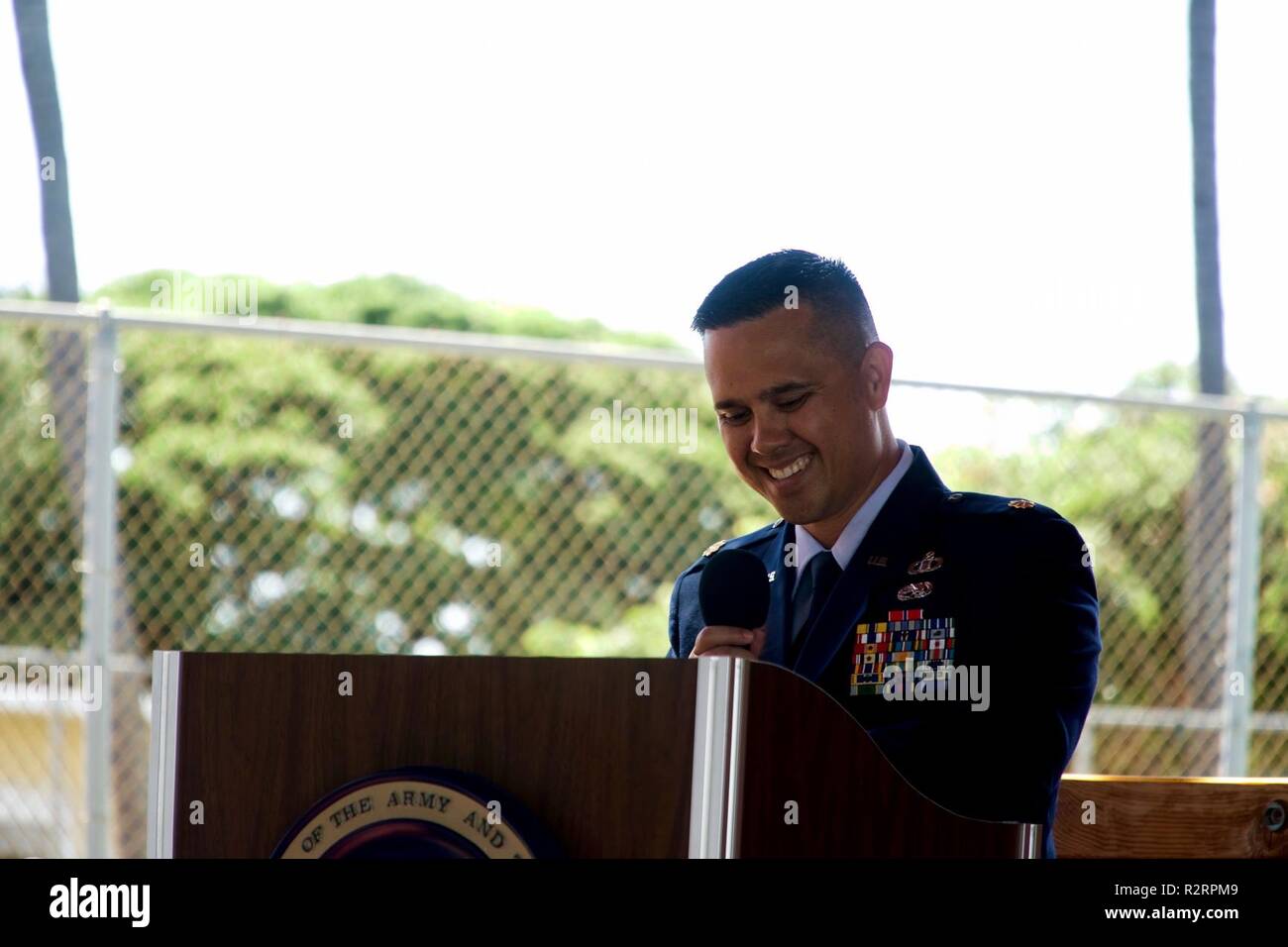 U.S. Air Force Maj. Irving B. Bicoy II addresses a crowd of family ...