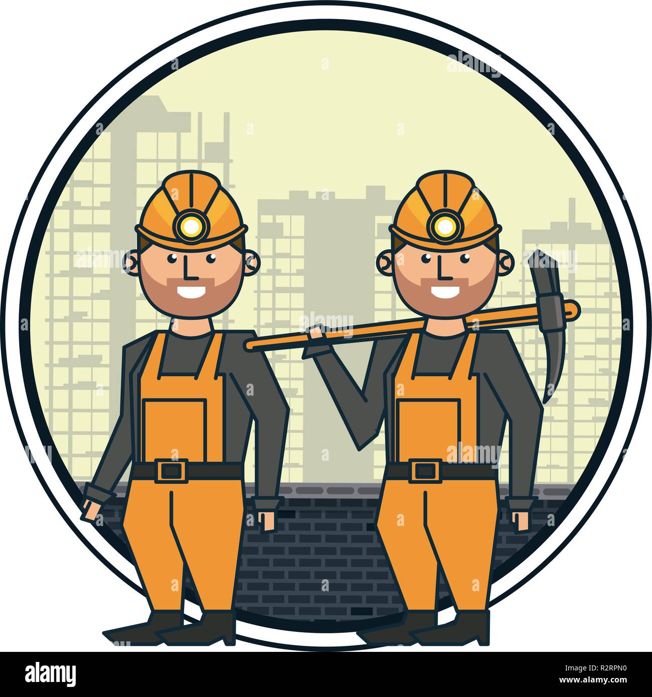 Mining workers with helmets and picks over cityscape round icon vector ...