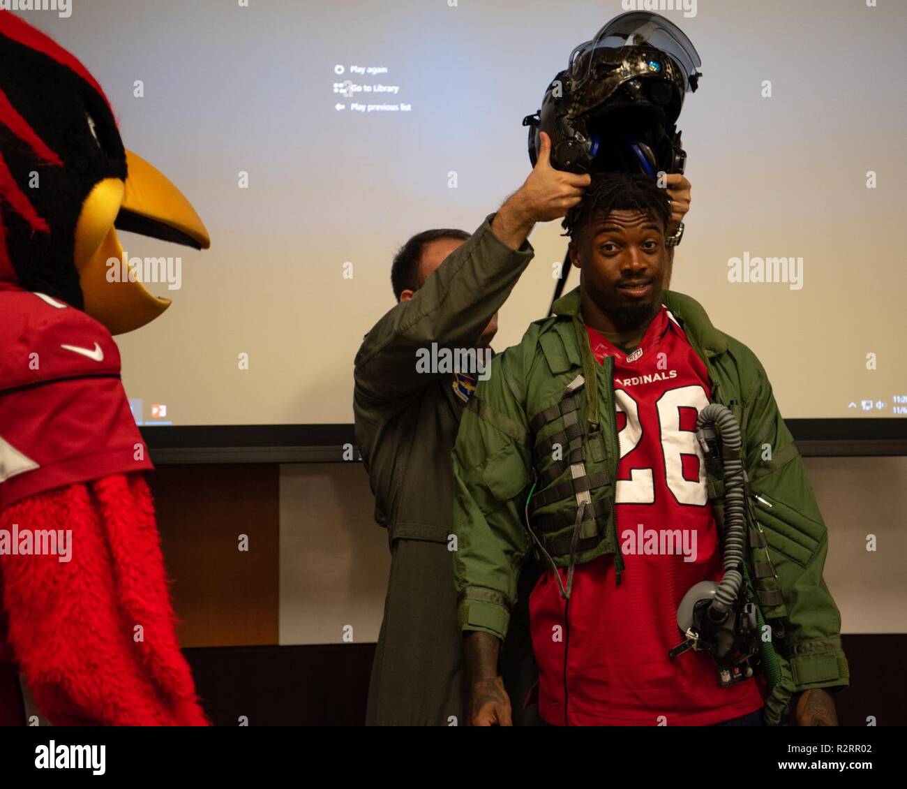 Braden Williams, Arizona Cardinals cornerback, tries on an F-35A ...