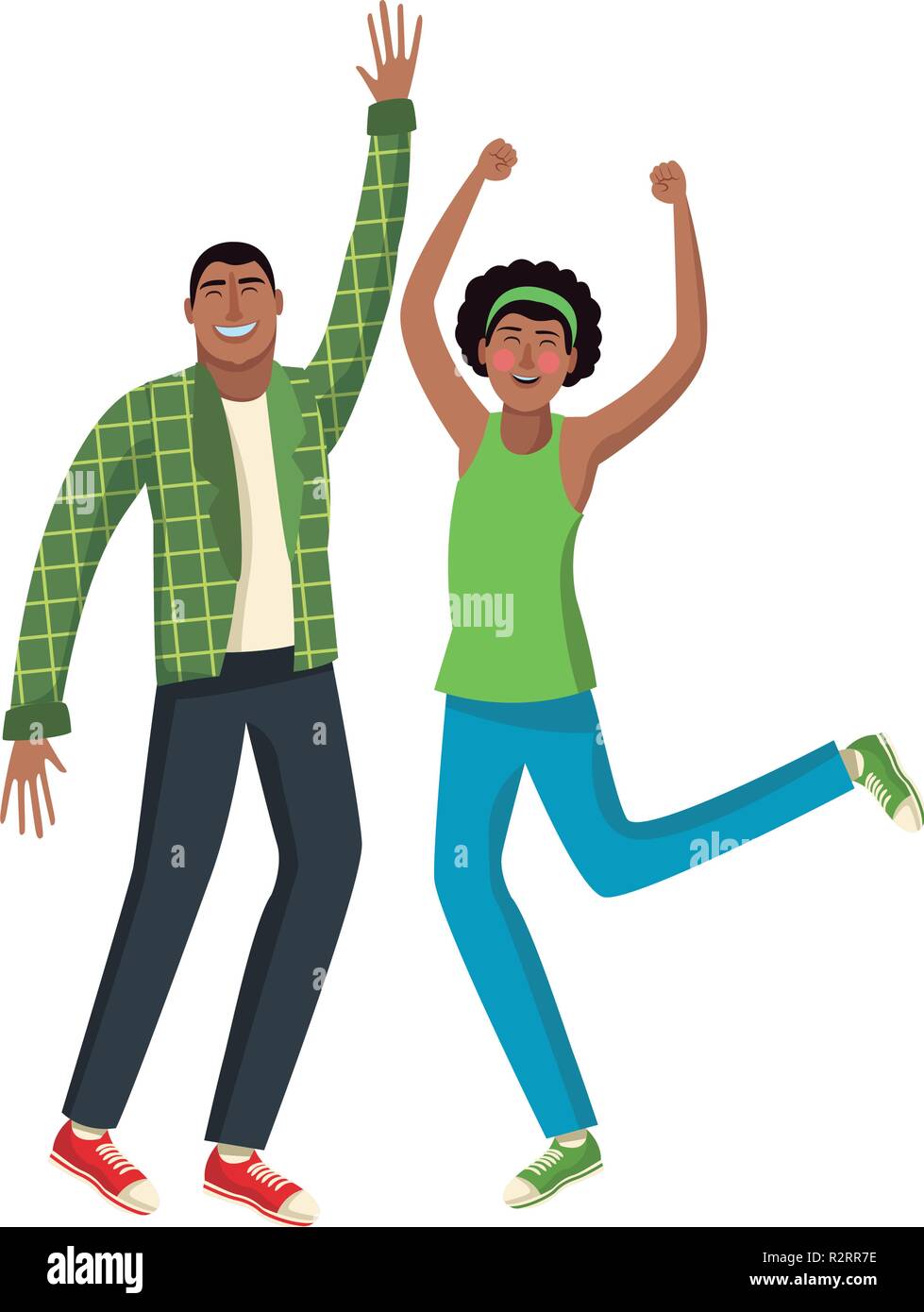 Happy afro friends couple jumping cartoons vector illustration graphic ...