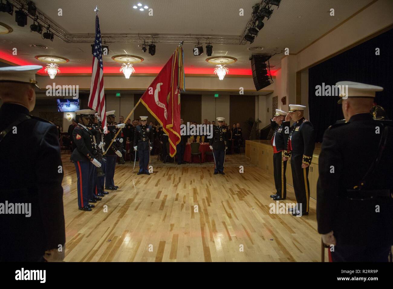Marines with 3rd Marine Division present the colors for the playing of ...