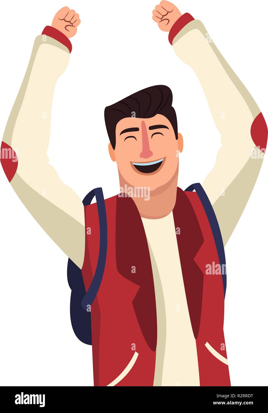 Happy and young man with arms up cartoon profile vector illustration ...