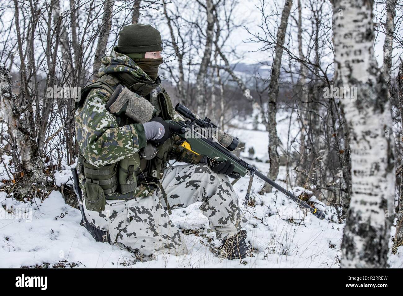 Marksman of Finnish Jaeger Company is at ease - no enemies spotted. The ...