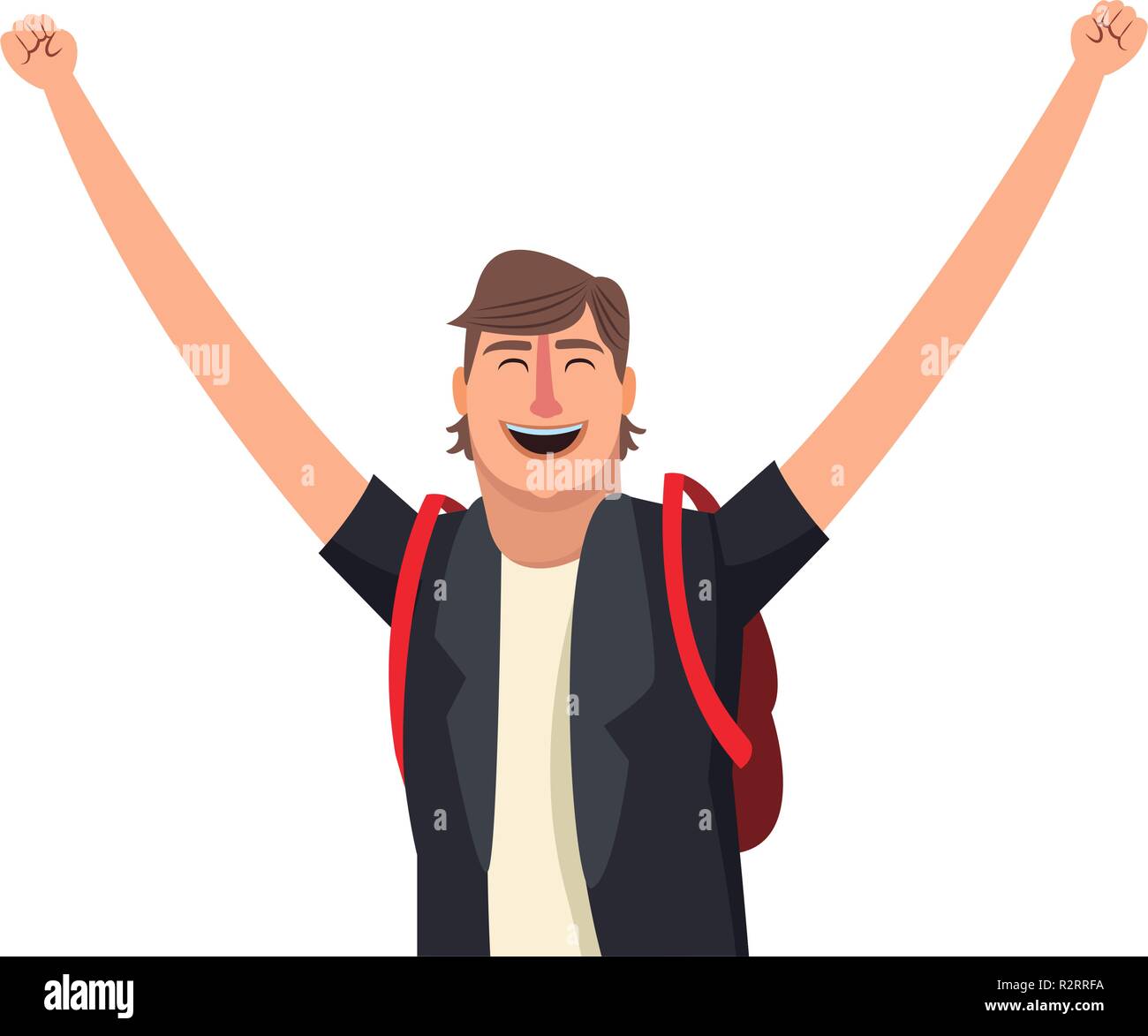 Happy and young man with arms up cartoon profile vector illustration ...