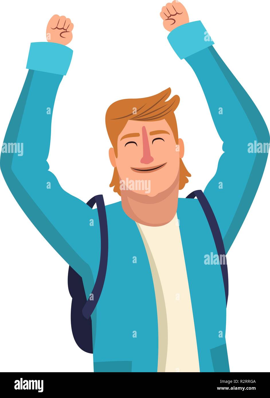 Happy and young man with arms up cartoon profile vector illustration ...