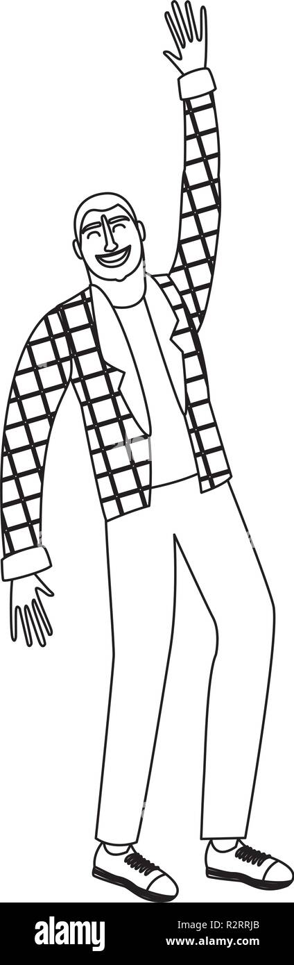 Happy and young man with arms up cartoon black and white vector ...