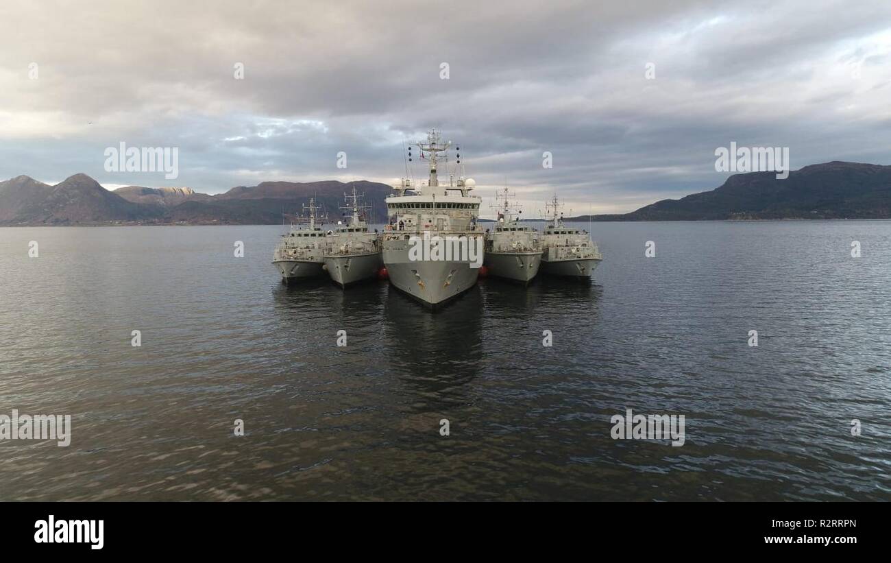 Royal Navy minehunters in a Norwegian fjord during NATO exercise ...
