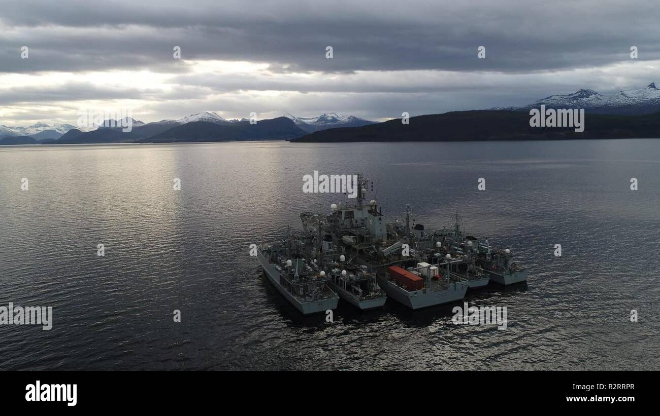 Royal Navy minehunters in a Norwegian fjord during NATO exercise ...