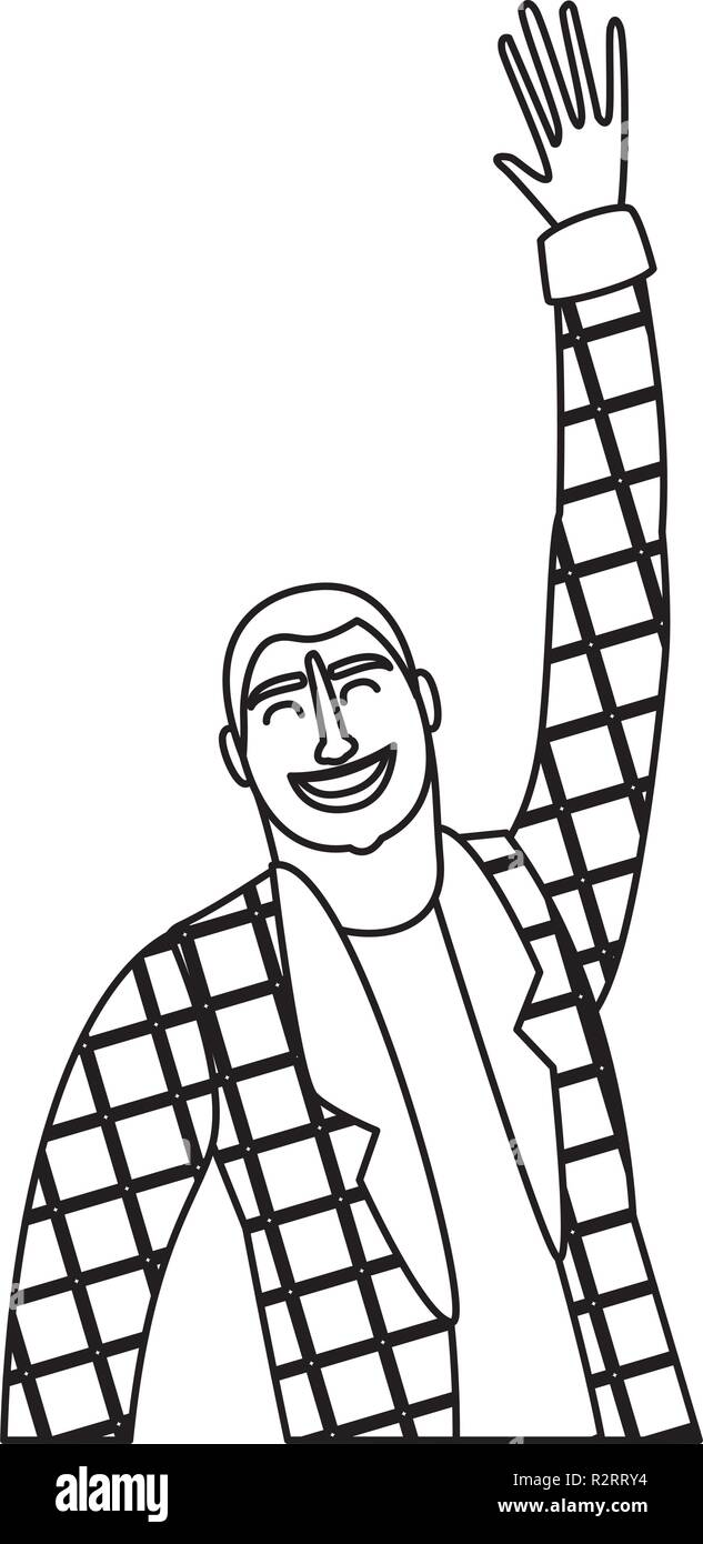 Happy and young man with arms up cartoon profile black and white vector ...