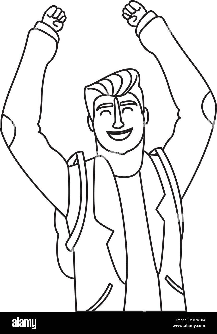 Happy and young man with arms up cartoon profile black and white vector ...