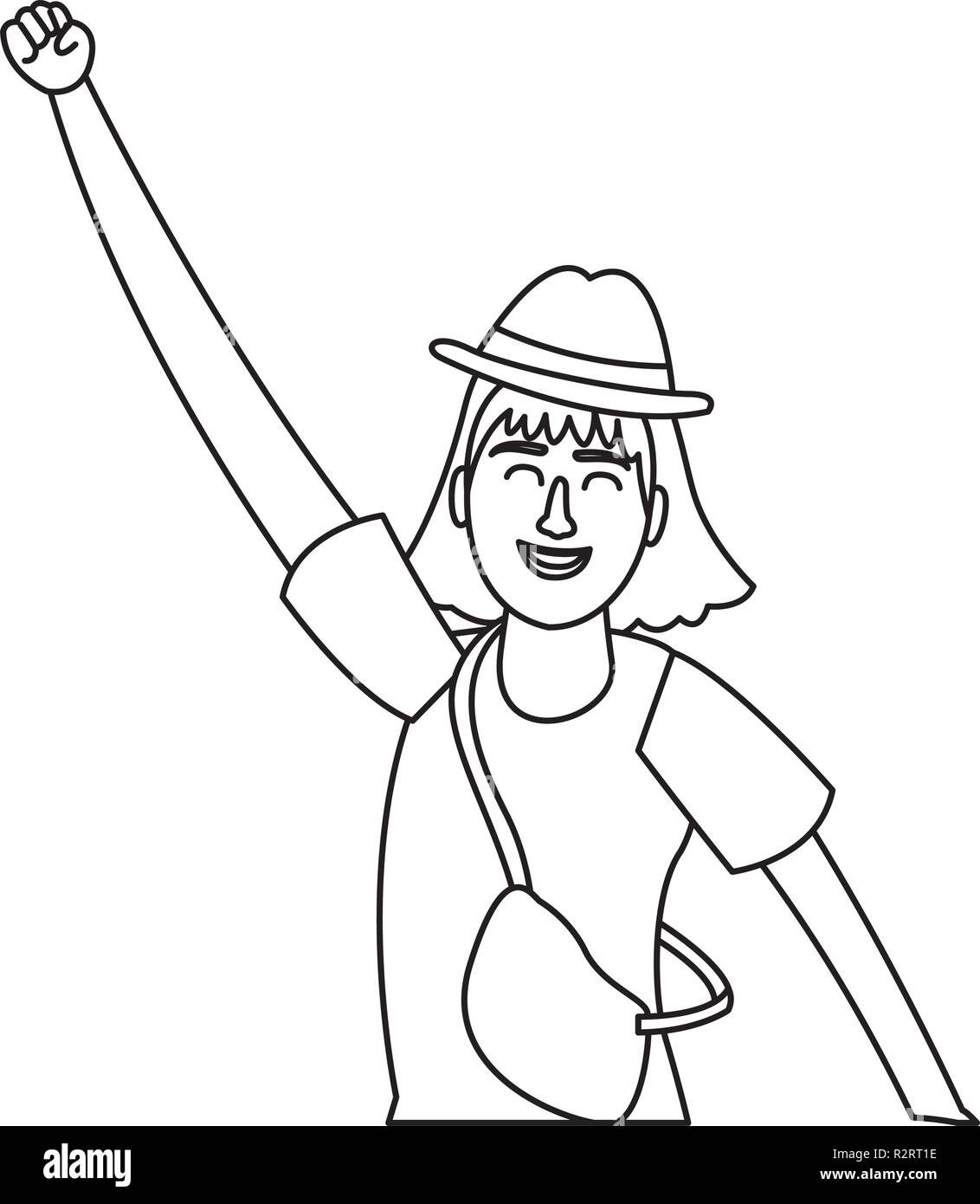 Happy and young woman with arms up cartoon black and white vector ...