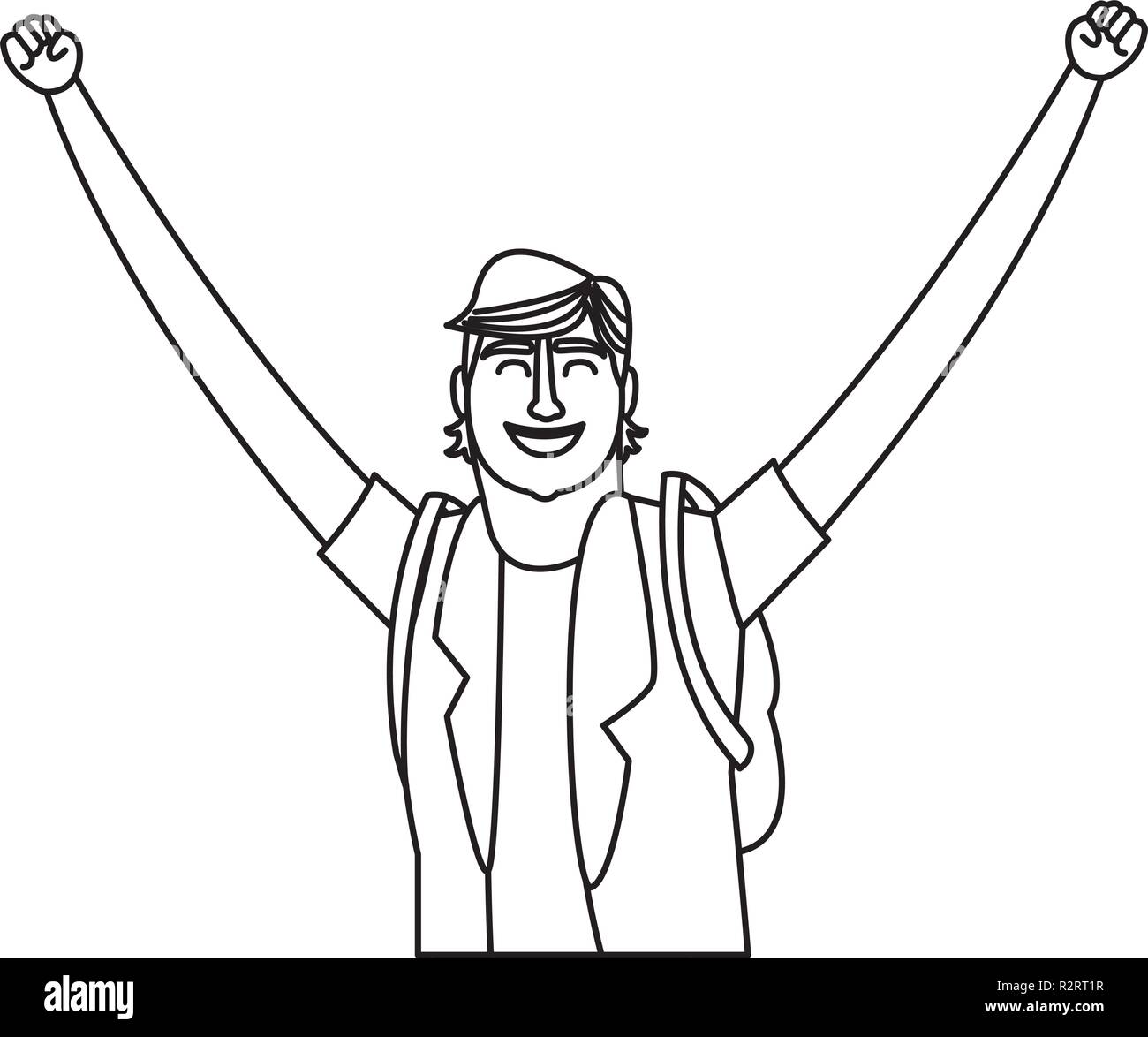 Happy and young man with arms up cartoon profile black and white vector ...