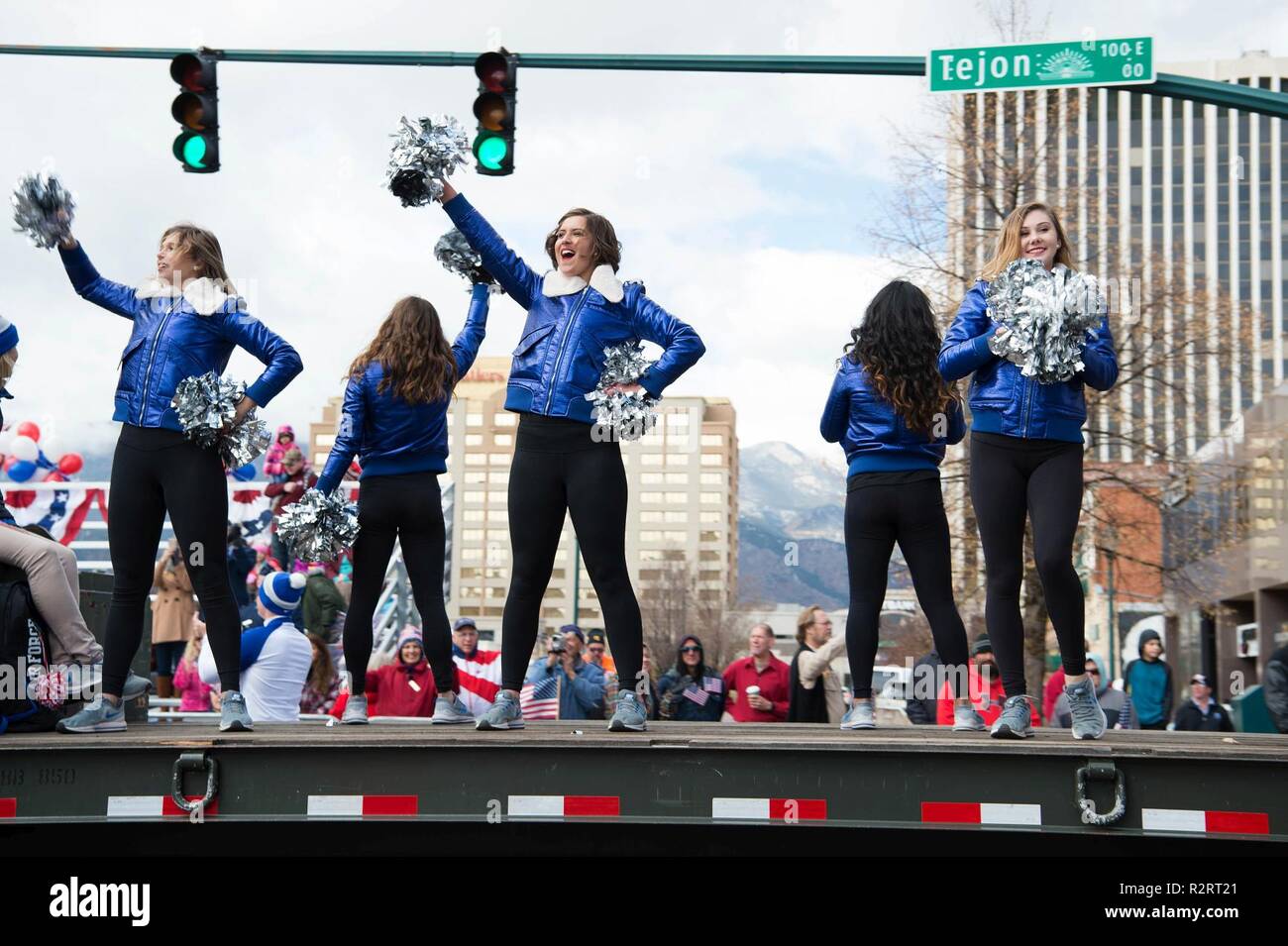 Members of United States Air Force Academy cheerleading team perform ...