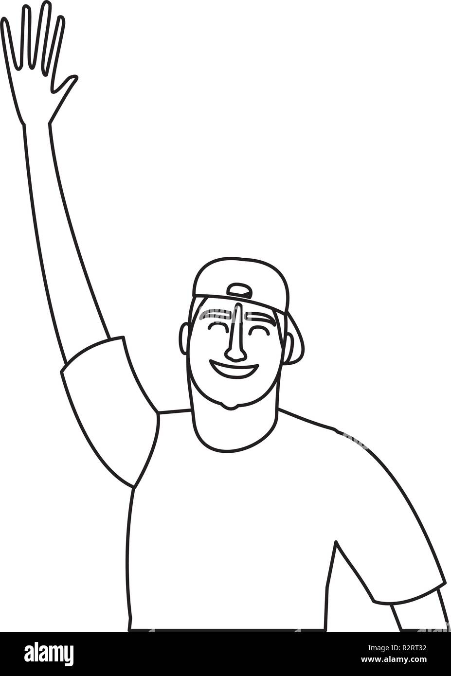 Happy and young man with arms up cartoon profile black and white vector ...