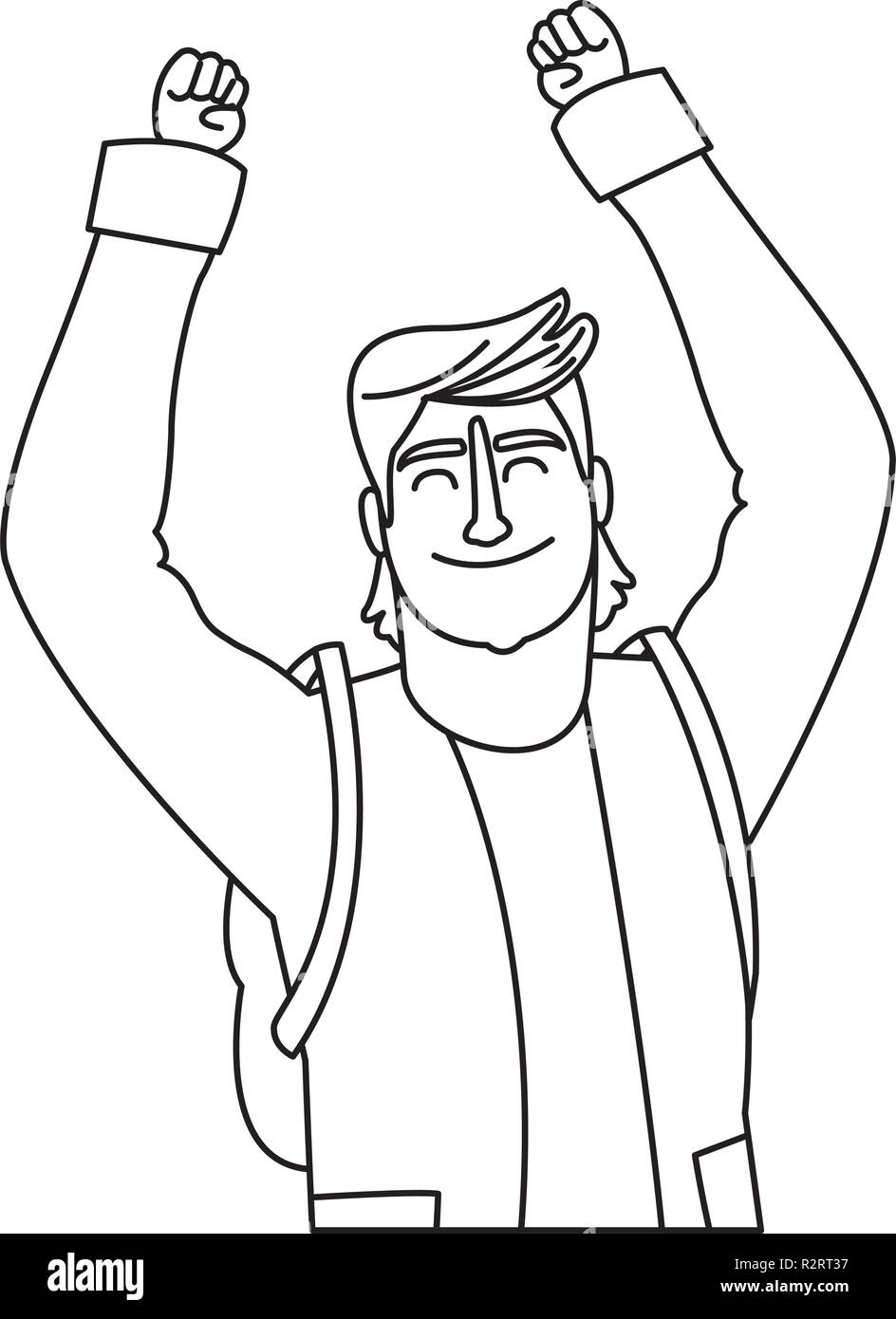Happy and young man with arms up cartoon profile black and white vector ...
