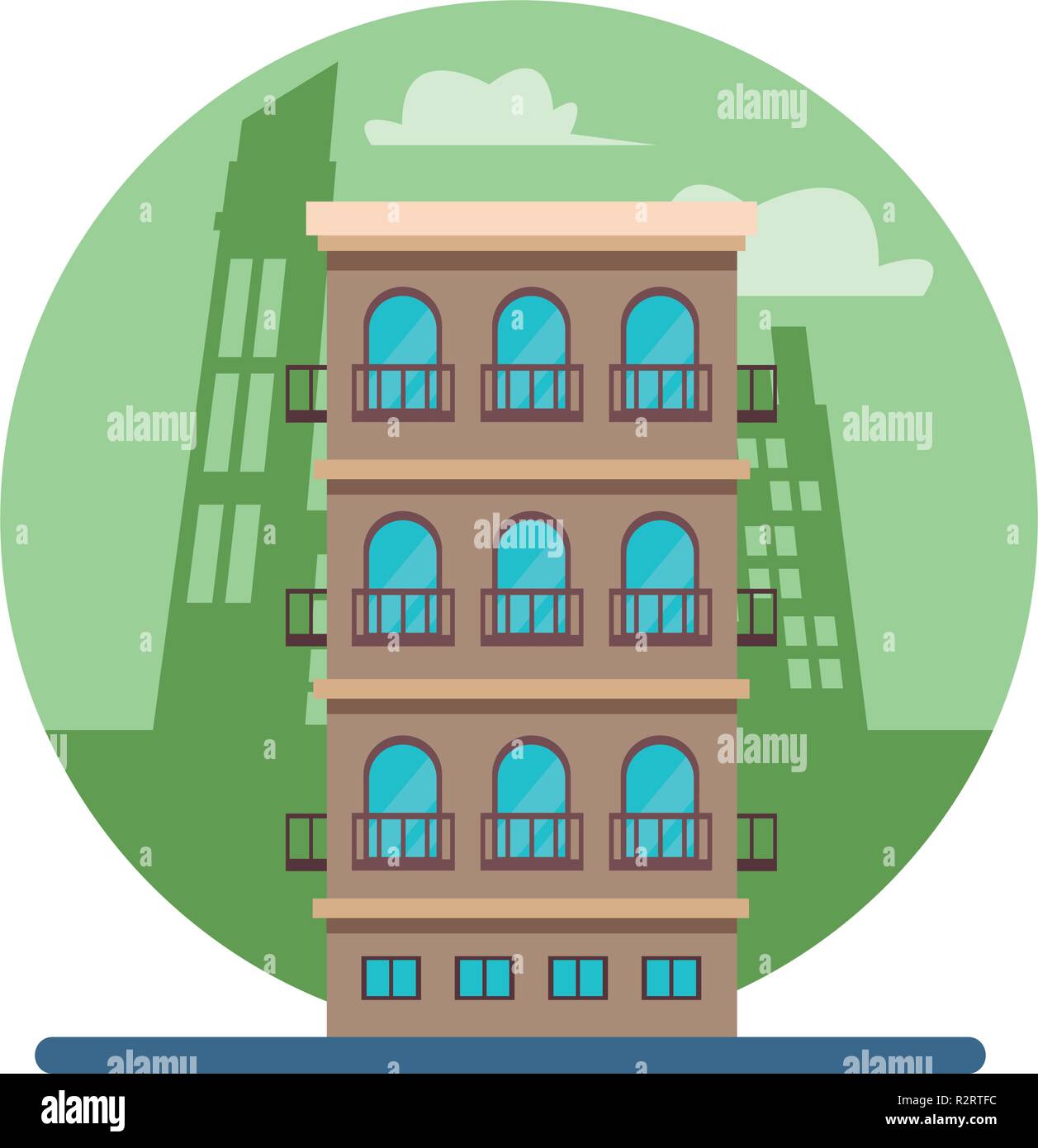Residential building isolated at cityscape round icon vector ...