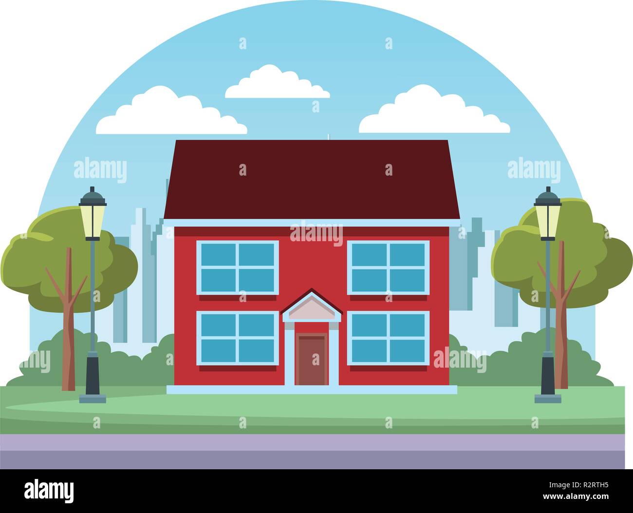 House real estate over cityscape scenery round icon vector illustration ...