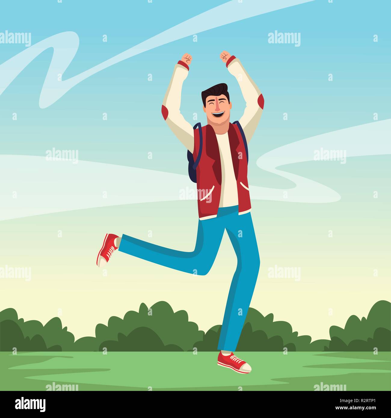 Happy and young man with arms up cartoon over nature park scenery ...