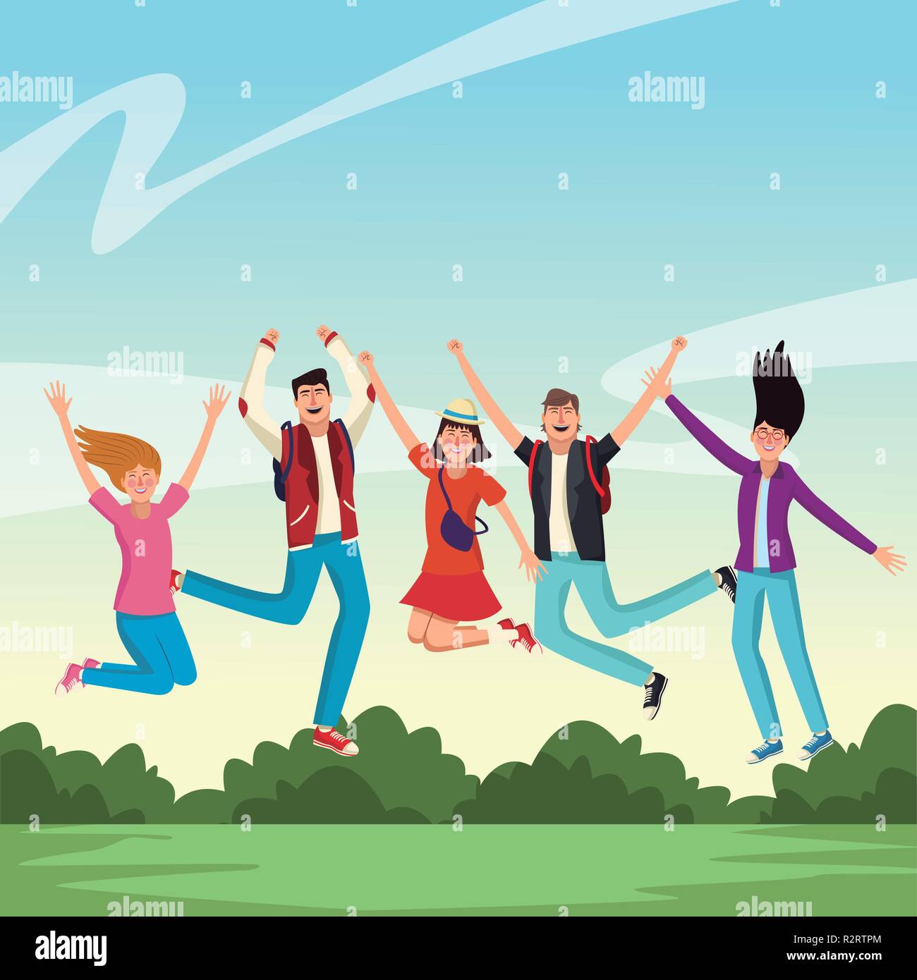 Young and happy student friends jumping cartoons at nature park scenery ...