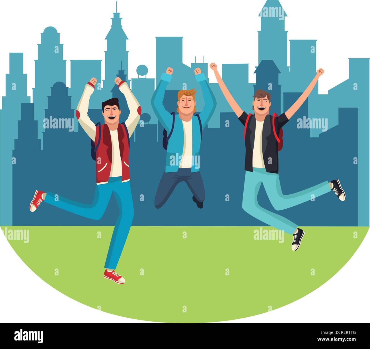 Young male friends with backpacks jumping cartoon over cityscape ...