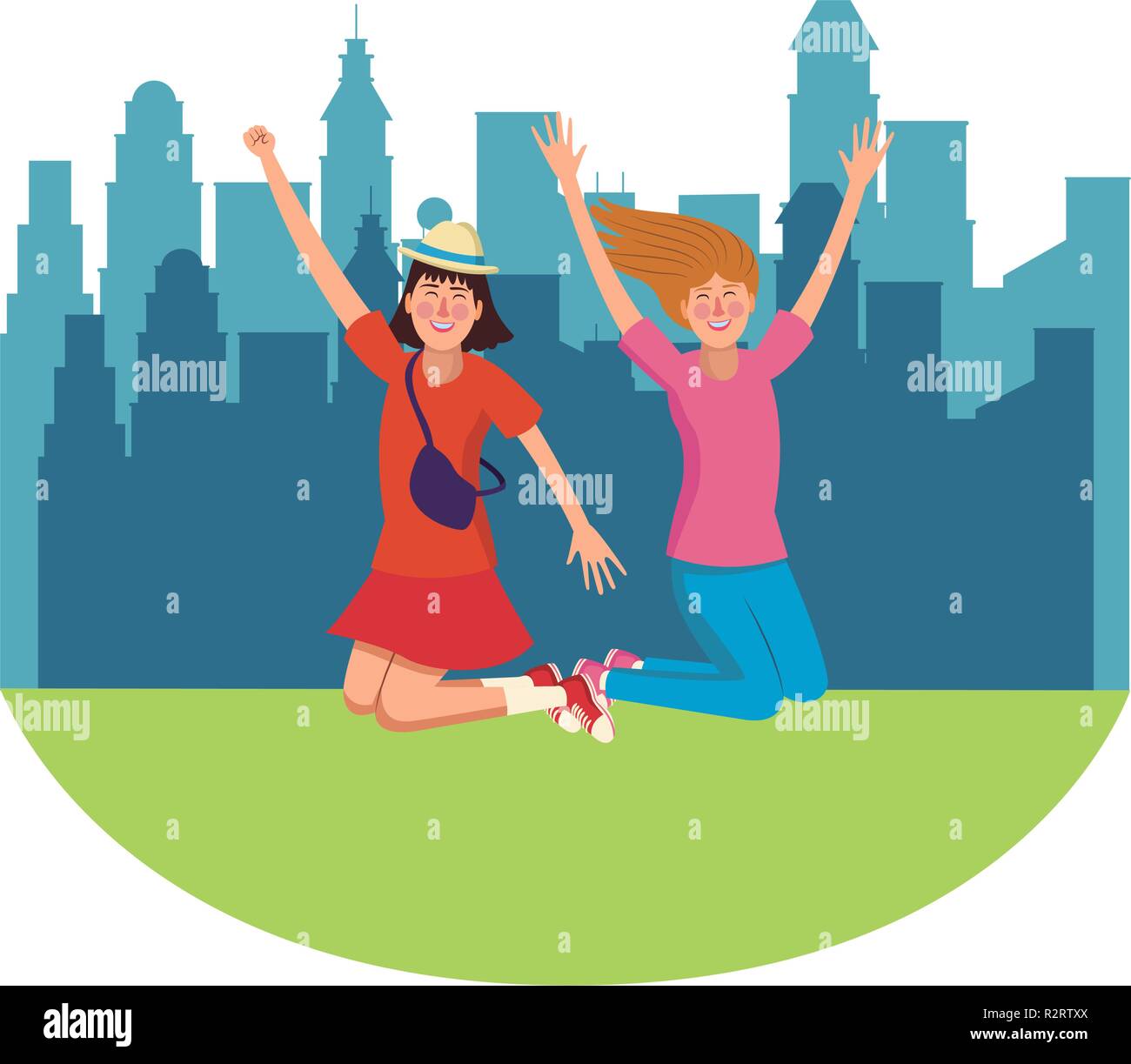 Young and happy women friends jumping cartoons over cityscape scenery ...
