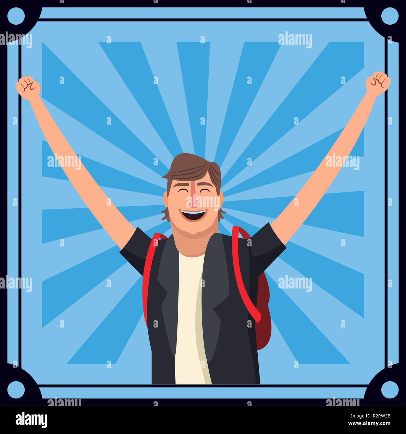 Happy and young man with arms up cartoon profile over striped and ...