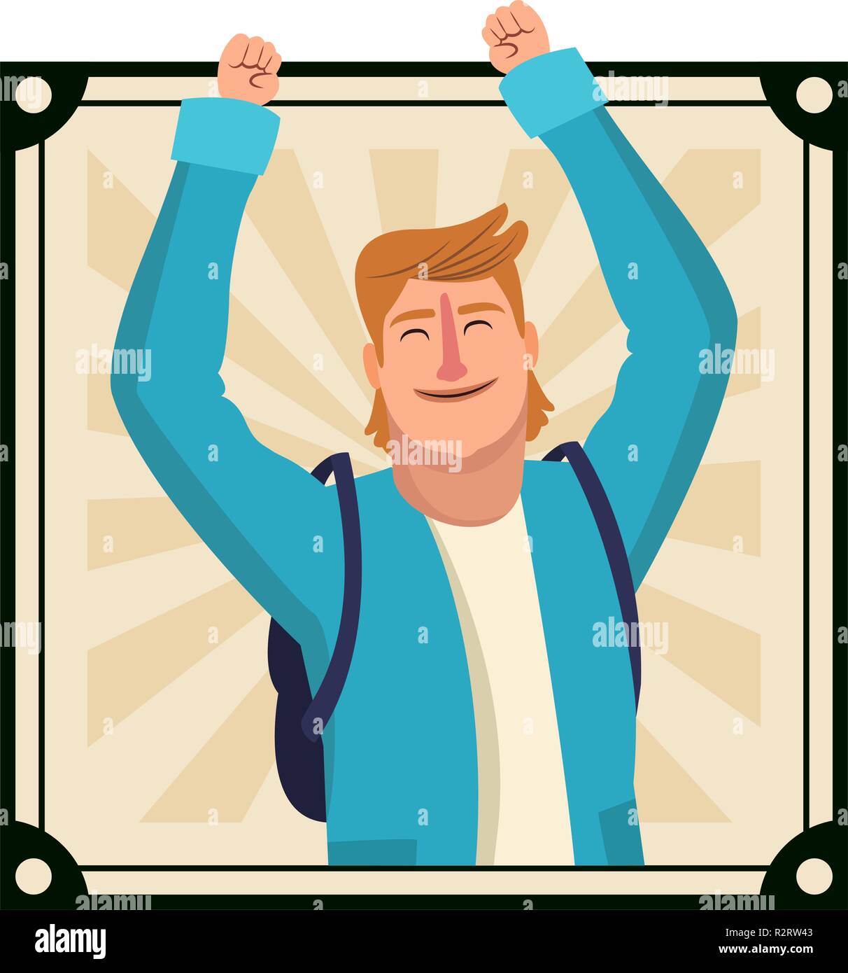 Happy and young man with arms up cartoon profile over striped and ...