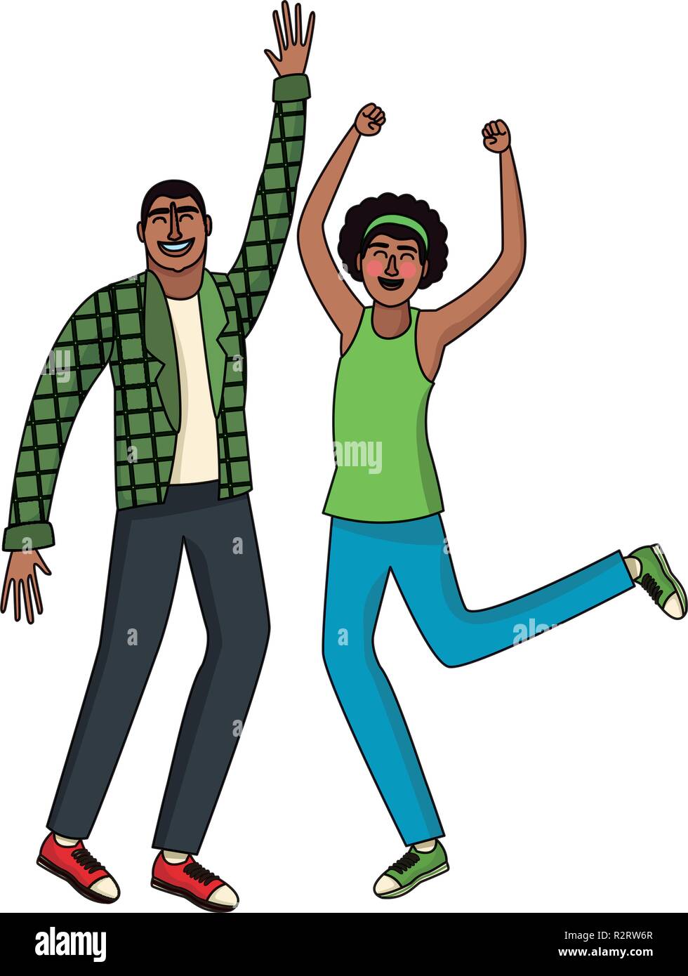 Happy afro friends couple jumping cartoons vector illustration graphic ...