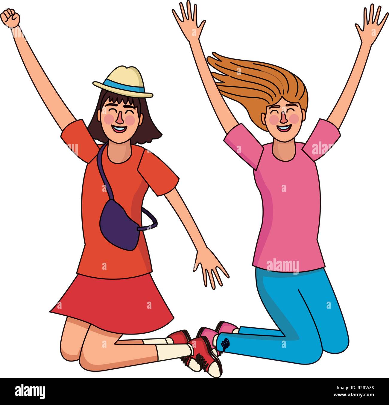 Young and happy women friends jumping cartoons vector illustration ...
